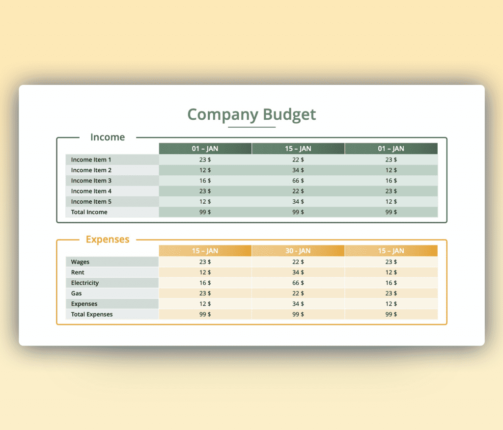 Premast | Company Budget Tables (Income and Expenses) PPT Slide